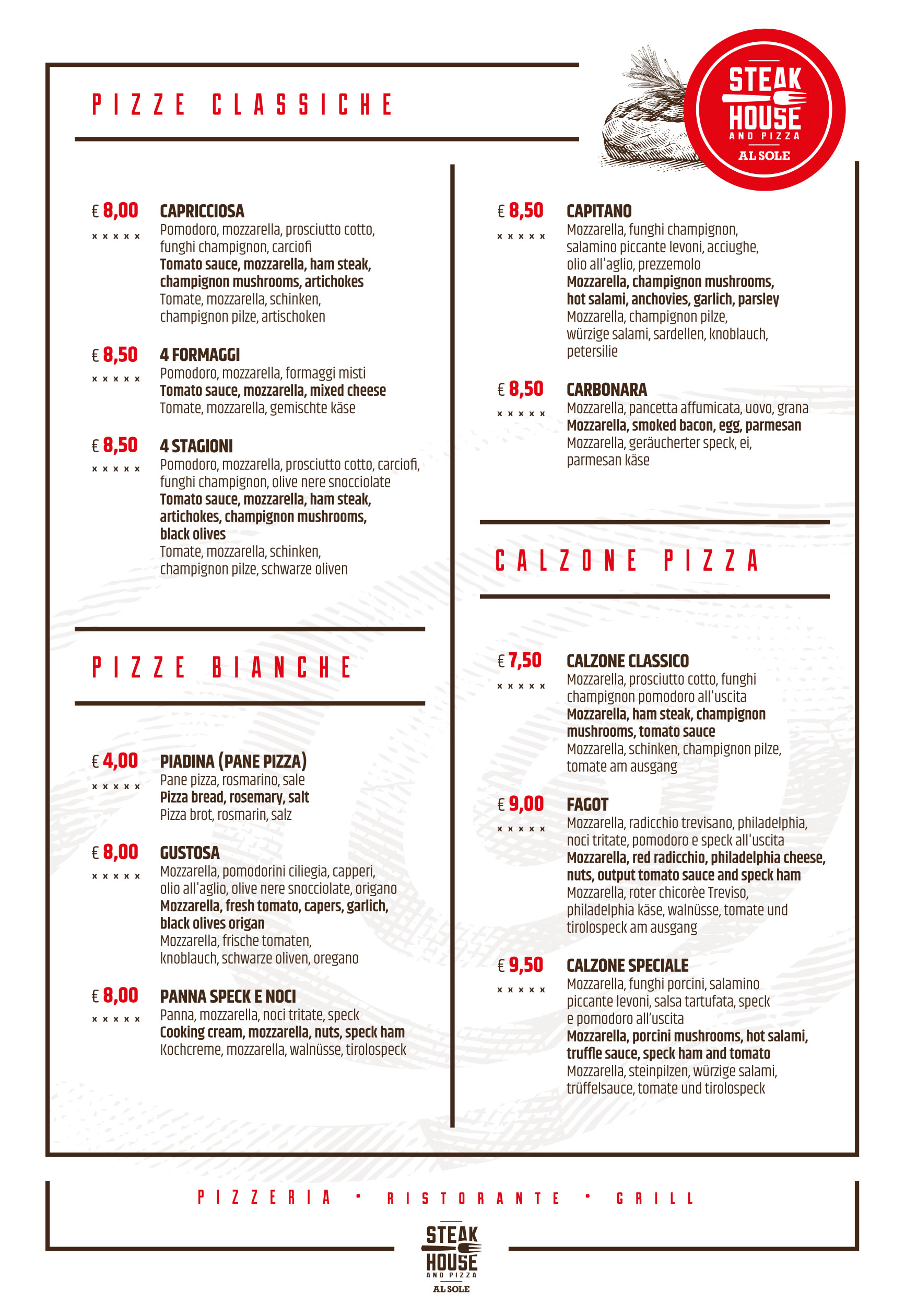 Menù Pizzeria - Al Sole Pizzeria Ristorante Steak House - Molina Ledro
